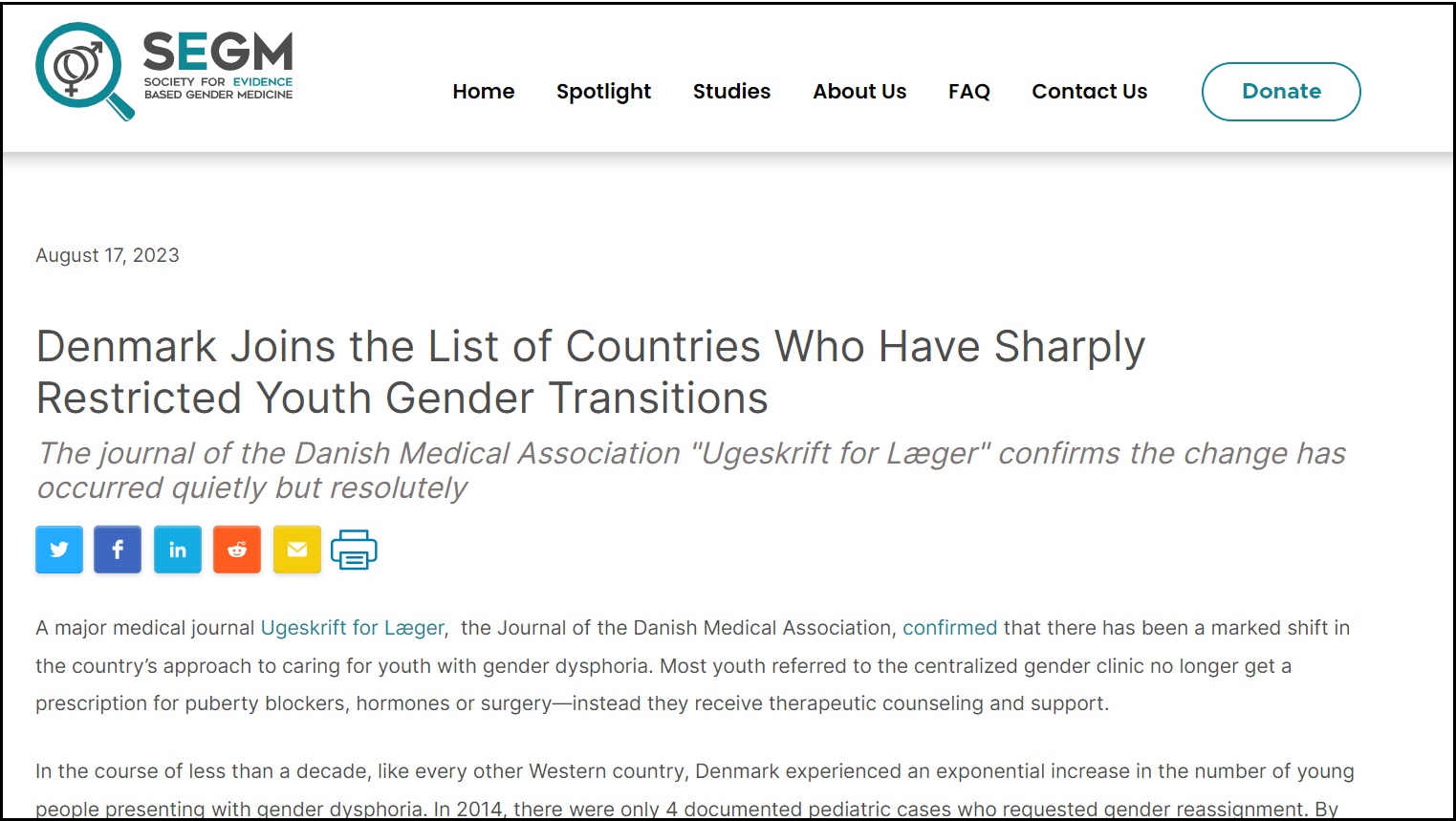 “Society for Evidence-Based Gender Medicine” (SEGM) gennemgår artikel ...